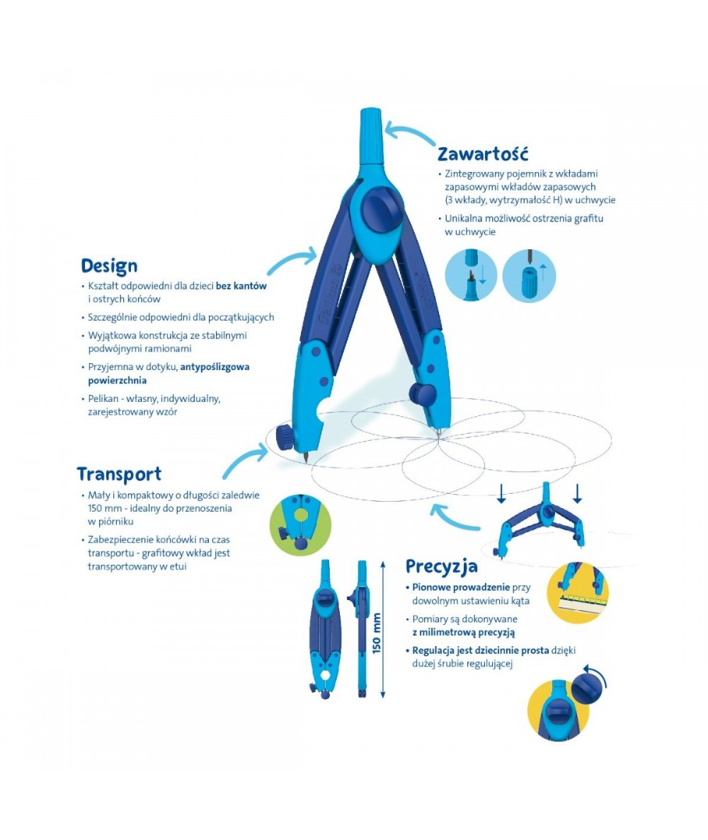 Cyrkiel szkolny dla dzieci Griffix Pelikan NIEBIESKI dla początkujących